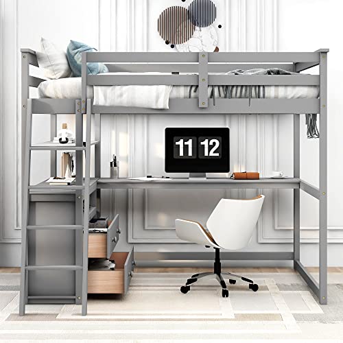 BIADNBZ Full Size Loft Bed with Long Desk and Shelves,Wooden Bedframe with Two Built-in Drawers for Bedroom,