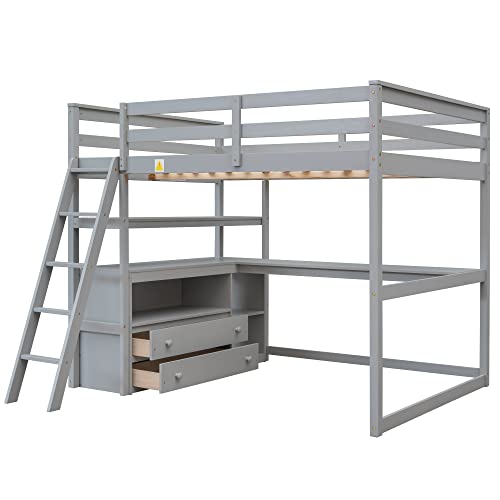 BIADNBZ Full Size Loft Bed with Long Desk and Shelves,Wooden Bedframe with Two Built-in Drawers for Bedroom,