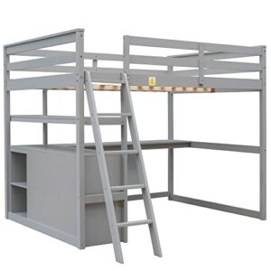 BIADNBZ Full Size Loft Bed with Long Desk and Shelves,Wooden Bedframe with Two Built-in Drawers for Bedroom,