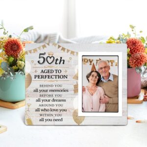 BeneCharm 50th Birthday Gifts for Women Men, Birthday Ideas Wood Photo Frame Fit for 4"x6"Picture, Happy 50th Birthday Decoration for Mom, Dad, Female, Friends, Husband and Wife