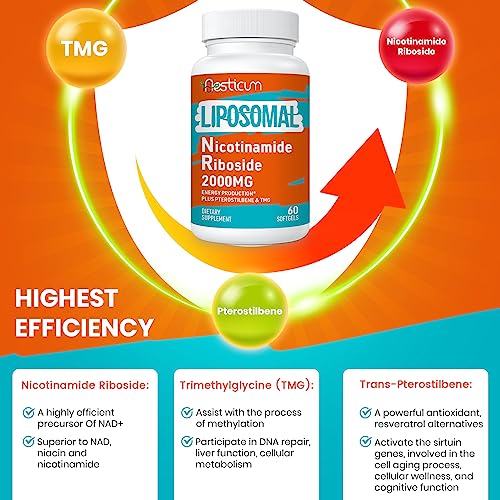 2000 MG Liposomal Nicotinamide Riboside Supplement, High Absorption, NAD+ Boosting Supplement with TMG and Pterostilbene, Superior to Niacinamide for Cellular Energy, and Age Resist, 120 Softgels