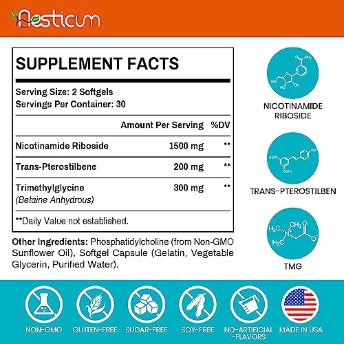 2000 MG Liposomal Nicotinamide Riboside Supplement, High Absorption, NAD+ Boosting Supplement with TMG and Pterostilbene, Superior to Niacinamide for Cellular Energy, and Age Resist, 120 Softgels