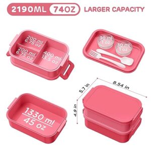 DaCool Adults Bento Box Lunch Box - Stackable All-in-One Leakproof Bento Lunch Box for Adults Women Girls 74 OZ Large Lunch Containers with Fork Spoon Sauce Boxes for Work School Dining Out, Pink