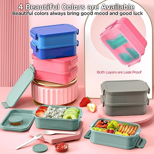 DaCool Adults Bento Box Lunch Box - Stackable All-in-One Leakproof Bento Lunch Box for Adults Women Girls 74 OZ Large Lunch Containers with Fork Spoon Sauce Boxes for Work School Dining Out, Pink