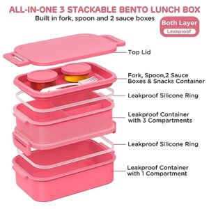 DaCool Adults Bento Box Lunch Box - Stackable All-in-One Leakproof Bento Lunch Box for Adults Women Girls 74 OZ Large Lunch Containers with Fork Spoon Sauce Boxes for Work School Dining Out, Pink