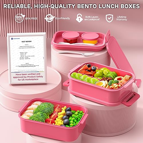 DaCool Adults Bento Box Lunch Box - Stackable All-in-One Leakproof Bento Lunch Box for Adults Women Girls 74 OZ Large Lunch Containers with Fork Spoon Sauce Boxes for Work School Dining Out, Pink