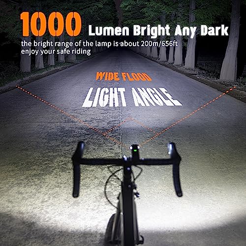 REMAROVE Bike Light 1000 Lumens USB Rechargeable Bike Front Light 4800mAh IPX6 Waterproof Bicycle Headlight Aluminum Alloy Super Bright Bike Headlamp with 5 Modes for Night Riding