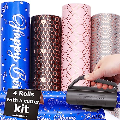 THMORT Wrapping Paper Roll with a Cutter Kit for Birthday Boys&Girls,Adults,Kids.17 Inch X 120 Inch Embossed Foil Wrapping Paper for Gift wrapping Royal Sapphire Blue Pink Black.