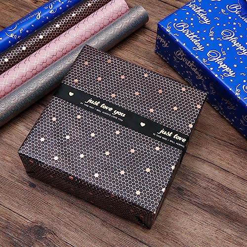 THMORT Wrapping Paper Roll with a Cutter Kit for Birthday Boys&Girls,Adults,Kids.17 Inch X 120 Inch Embossed Foil Wrapping Paper for Gift wrapping Royal Sapphire Blue Pink Black.