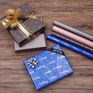 THMORT Wrapping Paper Roll with a Cutter Kit for Birthday Boys&Girls,Adults,Kids.17 Inch X 120 Inch Embossed Foil Wrapping Paper for Gift wrapping Royal Sapphire Blue Pink Black.