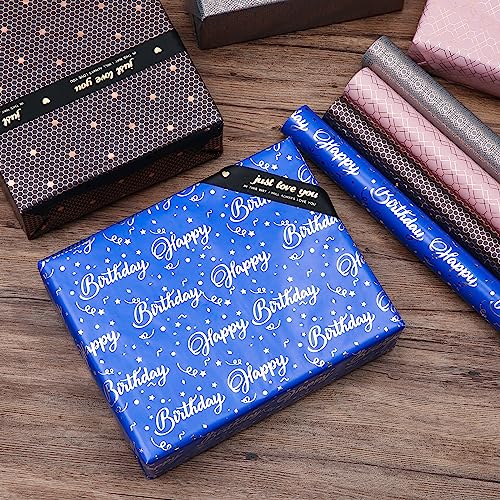 THMORT Wrapping Paper Roll with a Cutter Kit for Birthday Boys&Girls,Adults,Kids.17 Inch X 120 Inch Embossed Foil Wrapping Paper for Gift wrapping Royal Sapphire Blue Pink Black.