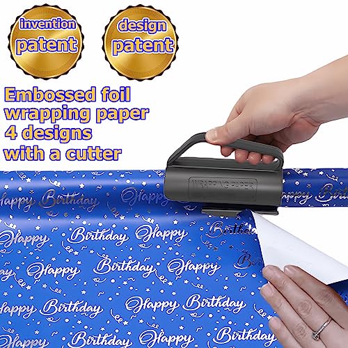 THMORT Wrapping Paper Roll with a Cutter Kit for Birthday Boys&Girls,Adults,Kids.17 Inch X 120 Inch Embossed Foil Wrapping Paper for Gift wrapping Royal Sapphire Blue Pink Black.