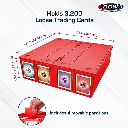 BCW Collectible Card Bin - Holds 3200 Cards - Large Card Storage Box for Loose Trading Cards, Pokemon, MTG, and Sports Card Storage Boxes, Includes 4 Card Bin Partitions, Sorting Card Box (Red)