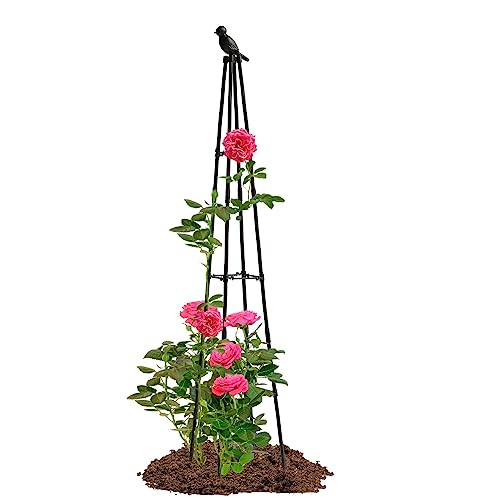 OTOSUNNY Trellis for Climbing Plants, 4 ft Tall 4-Stake with 3-Tier Braces Plant Pot Trellis, Metal Rose Garden Trellis for Climbing Plants Outdoor Vegetable|Flower|Vine Potted Plants, 1 Pack, Black