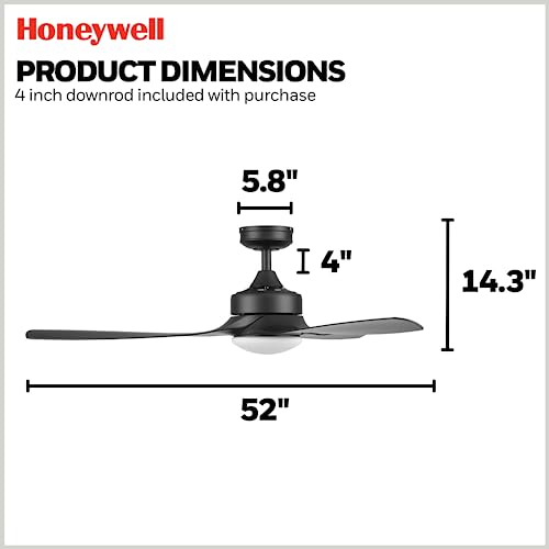 Honeywell Ceiling Fans Lynton, 52 Inch Indoor Outdoor Ceiling Fan with Color Changing LED Light, Remote Control, Matte Black High Performance Blades, Reversible Airflow - 51854-01 (Black)