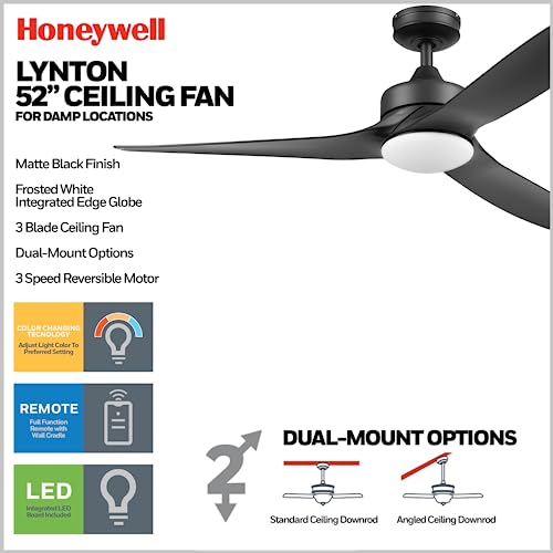 Honeywell Ceiling Fans Lynton, 52 Inch Indoor Outdoor Ceiling Fan with Color Changing LED Light, Remote Control, Matte Black High Performance Blades, Reversible Airflow - 51854-01 (Black)