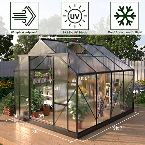 HOWE 8x10x7.5 FT Polycarbonate Greenhouse 2 Sliding Doors 2 Vent Window Walk-in Premium Greenhouse Storage Shed Sunroom Aluminum Large Hot House Garden Backyard for Outdoor Matte Black