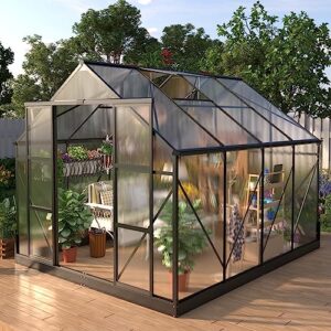 howe 8x10x7.5 ft polycarbonate greenhouse 2 sliding doors 2 vent window walk-in premium greenhouse storage shed sunroom aluminum large hot house garden backyard for outdoor matte black