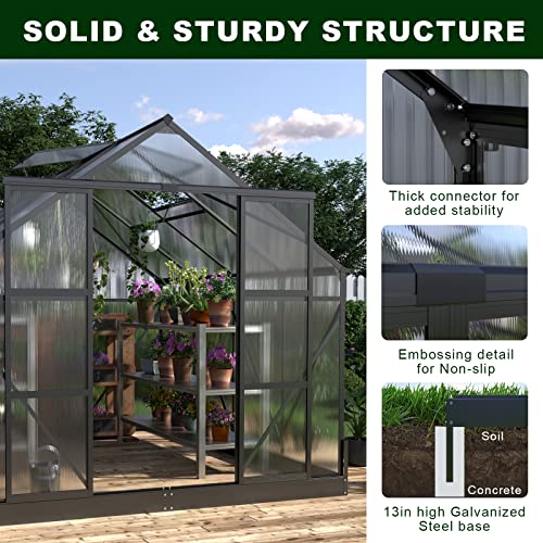 HOWE 8x10x7.5 FT Polycarbonate Greenhouse 2 Sliding Doors 2 Vent Window Walk-in Premium Greenhouse Storage Shed Sunroom Aluminum Large Hot House Garden Backyard for Outdoor Matte Black