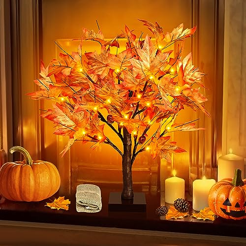 FastDeng 1.5ft Lighted Maple Tree, Artificial Fall Tree Light, Timer 36 LED Light, 72 Leaves, 6 Acorns Autumn Tabletop Tree Battery Operated for Indoor Fall Harvest Home Decor, Thanksgiving Decoration