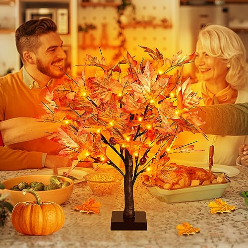 FastDeng 1.5ft Lighted Maple Tree, Artificial Fall Tree Light, Timer 36 LED Light, 72 Leaves, 6 Acorns Autumn Tabletop Tree Battery Operated for Indoor Fall Harvest Home Decor, Thanksgiving Decoration