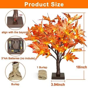 FastDeng 1.5ft Lighted Maple Tree, Artificial Fall Tree Light, Timer 36 LED Light, 72 Leaves, 6 Acorns Autumn Tabletop Tree Battery Operated for Indoor Fall Harvest Home Decor, Thanksgiving Decoration