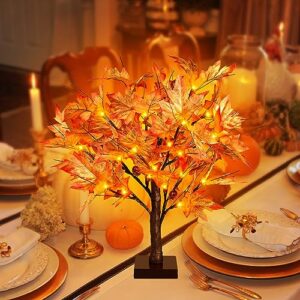 FastDeng 1.5ft Lighted Maple Tree, Artificial Fall Tree Light, Timer 36 LED Light, 72 Leaves, 6 Acorns Autumn Tabletop Tree Battery Operated for Indoor Fall Harvest Home Decor, Thanksgiving Decoration