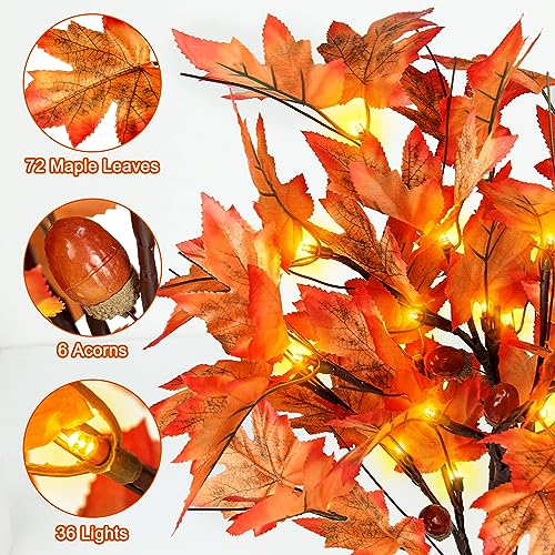 FastDeng 1.5ft Lighted Maple Tree, Artificial Fall Tree Light, Timer 36 LED Light, 72 Leaves, 6 Acorns Autumn Tabletop Tree Battery Operated for Indoor Fall Harvest Home Decor, Thanksgiving Decoration