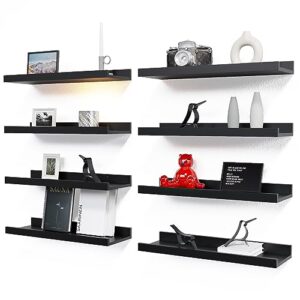 richer house 8 set floating wall mounted shelves, nursery hanging book shelves with lip for storage, black display picture ledge shelf for bedroom bathroom kitchen living room wall decor, modern black