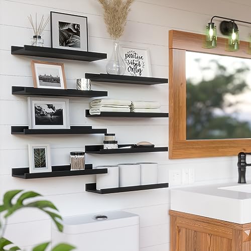 RICHER HOUSE 8 Set Floating Wall Mounted Shelves, Nursery Hanging Book Shelves with Lip for Storage, Black Display Picture Ledge Shelf for Bedroom Bathroom Kitchen Living Room Wall Decor, Modern Black