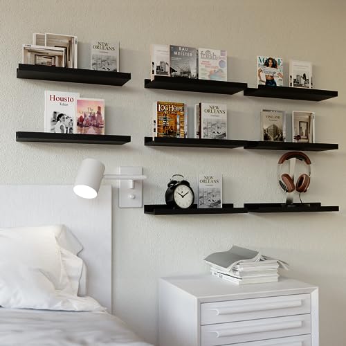 RICHER HOUSE 8 Set Floating Wall Mounted Shelves, Nursery Hanging Book Shelves with Lip for Storage, Black Display Picture Ledge Shelf for Bedroom Bathroom Kitchen Living Room Wall Decor, Modern Black