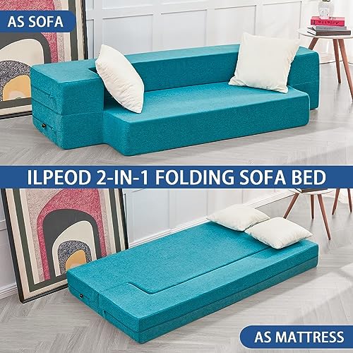 ILPEOD Floor Sofa Bed Futon Couch, Fold Out Couch Bed, Full Size 8 Inch Memory Foam Folding Sofa Bed Couch, Sleeper Convertible Mattress and Frame for Bedrooms Living Room Gaming Bed, Blue