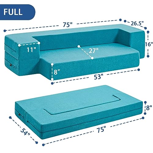 ILPEOD Floor Sofa Bed Futon Couch, Fold Out Couch Bed, Full Size 8 Inch Memory Foam Folding Sofa Bed Couch, Sleeper Convertible Mattress and Frame for Bedrooms Living Room Gaming Bed, Blue