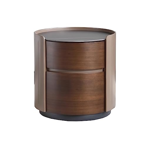 Round Bedside Table Slate Top Modern Nightstand W/ 2 Drawer End Table Side Table Solid Wood Bedside Cabinet for Bedroom Living Room Decor