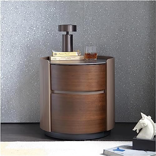 Round Bedside Table Slate Top Modern Nightstand W/ 2 Drawer End Table Side Table Solid Wood Bedside Cabinet for Bedroom Living Room Decor