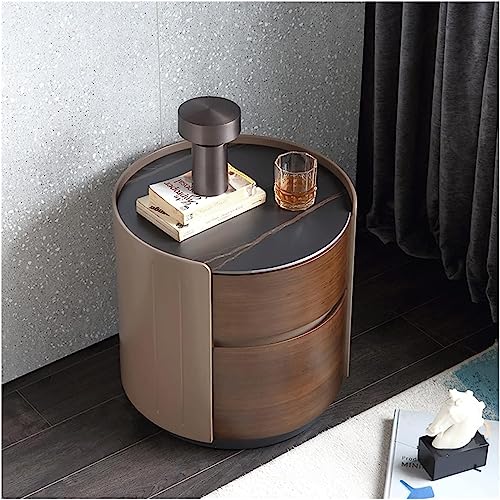 Round Bedside Table Slate Top Modern Nightstand W/ 2 Drawer End Table Side Table Solid Wood Bedside Cabinet for Bedroom Living Room Decor