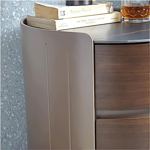 Round Bedside Table Slate Top Modern Nightstand W/ 2 Drawer End Table Side Table Solid Wood Bedside Cabinet for Bedroom Living Room Decor