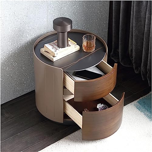 Round Bedside Table Slate Top Modern Nightstand W/ 2 Drawer End Table Side Table Solid Wood Bedside Cabinet for Bedroom Living Room Decor