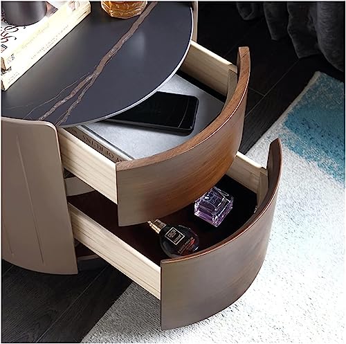 Round Bedside Table Slate Top Modern Nightstand W/ 2 Drawer End Table Side Table Solid Wood Bedside Cabinet for Bedroom Living Room Decor