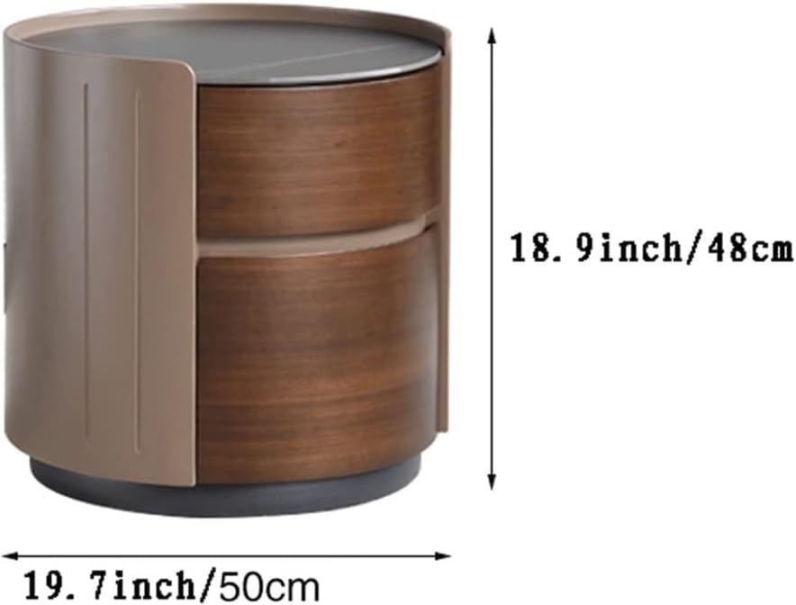 Round Bedside Table Slate Top Modern Nightstand W/ 2 Drawer End Table Side Table Solid Wood Bedside Cabinet for Bedroom Living Room Decor