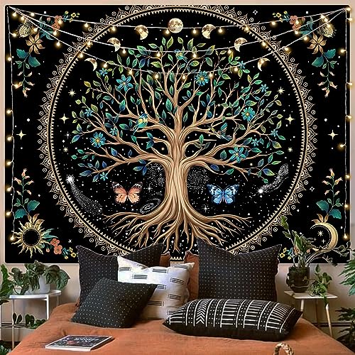 Lunerfex Tree of Life Tapastry Butterfly Moon Flower Boho Floral Plant Tapestries for Bedroom Aesthetic's Wall Hanging Mandala Botanical Tapestry for Living Room Dorm (black, 60x80 inches)