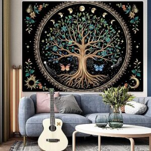 Lunerfex Tree of Life Tapastry Butterfly Moon Flower Boho Floral Plant Tapestries for Bedroom Aesthetic's Wall Hanging Mandala Botanical Tapestry for Living Room Dorm (black, 60x80 inches)