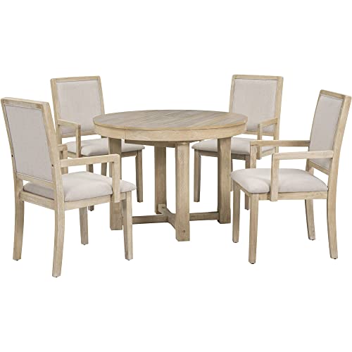 RUNWON 5-Piece Set Include Two-Size Round to Oval Extendable Butterfly Leaf Table and 4 Upholstered Dining Chairs with Armrests for Kitchen and Family, Natural Wood Wash