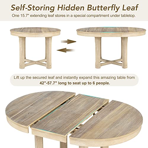 RUNWON 5-Piece Set Include Two-Size Round to Oval Extendable Butterfly Leaf Table and 4 Upholstered Dining Chairs with Armrests for Kitchen and Family, Natural Wood Wash