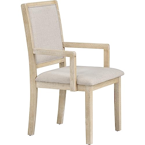 RUNWON 5-Piece Set Include Two-Size Round to Oval Extendable Butterfly Leaf Table and 4 Upholstered Dining Chairs with Armrests for Kitchen and Family, Natural Wood Wash