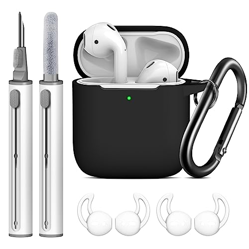 Foweroty for AirPods Case Cover with Cleaning Pen，Soft Silicone Protective Cover with Buckle for Women Men Compatible with Apple AirPods 2nd 1st Generation Charging Case, Front LED ，Black