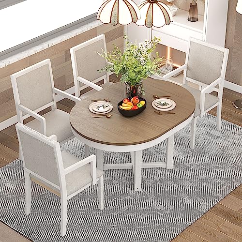 RUNWON 5-Piece Set Include Two-Size Round to Oval Extendable Butterfly Leaf Wood Table and 4 Upholstered Dining Chairs with Armrests for Kitchen and Family, Espresso+Gray