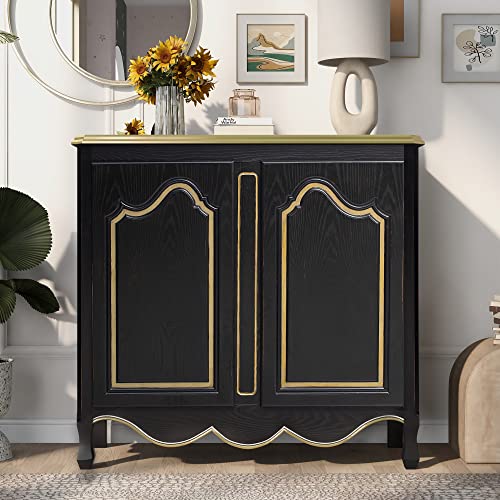 Tdewlye Minimalist Pure Hand Drawn Accent Storage Cabinet with 2 Doors and Solid Wood Legs,for Living Room,Study and Entryway (Black@X)