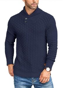 coofandy men's shawl collar sweaters v-neck relaxed fit basket knitted pullovers navy blue