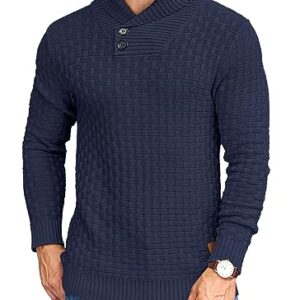 COOFANDY Men's Shawl Collar Sweaters V-Neck Relaxed Fit Basket Knitted Pullovers Navy Blue